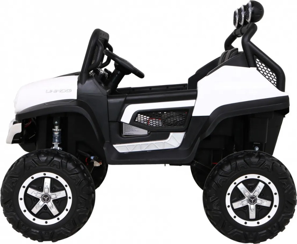 Ramiz Mercedes Benz Unimog elektrické autíčko pro děti bílé + pohon 4x4 + dálkové ovládání + nosič zavazadel + pomalý start + MP3 + LED