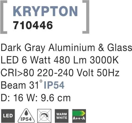 NV 710446 Venkovní nástěnné svítidlo KRYPTON tmavě šedý hliník a sklo LED 6W 3000K 220-240V 31st. IP54 - NOVA LUCE