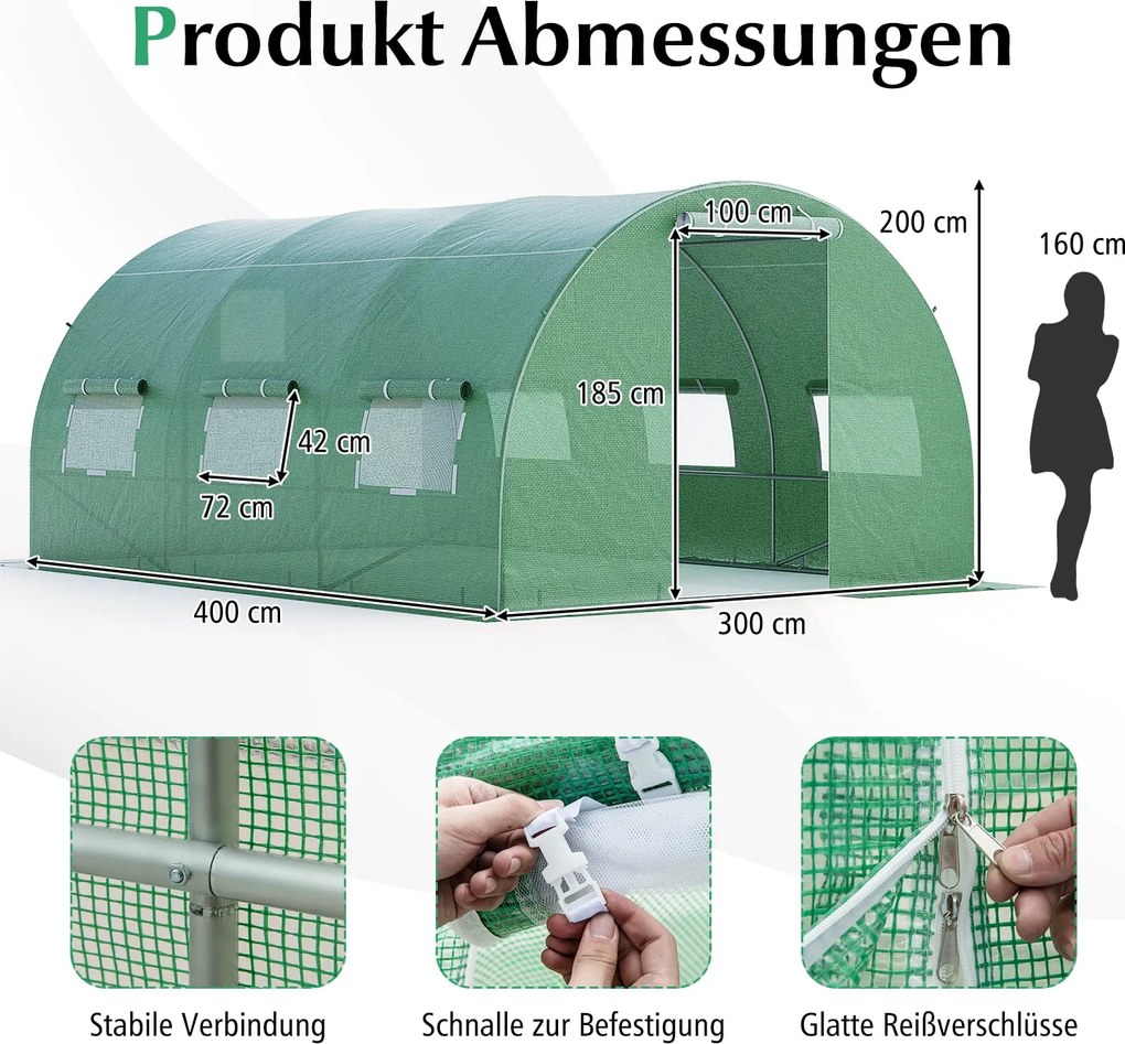 Costway Skleník |12 m² fóliovník s kovovým rámem skleník s 6 rolovacími okny