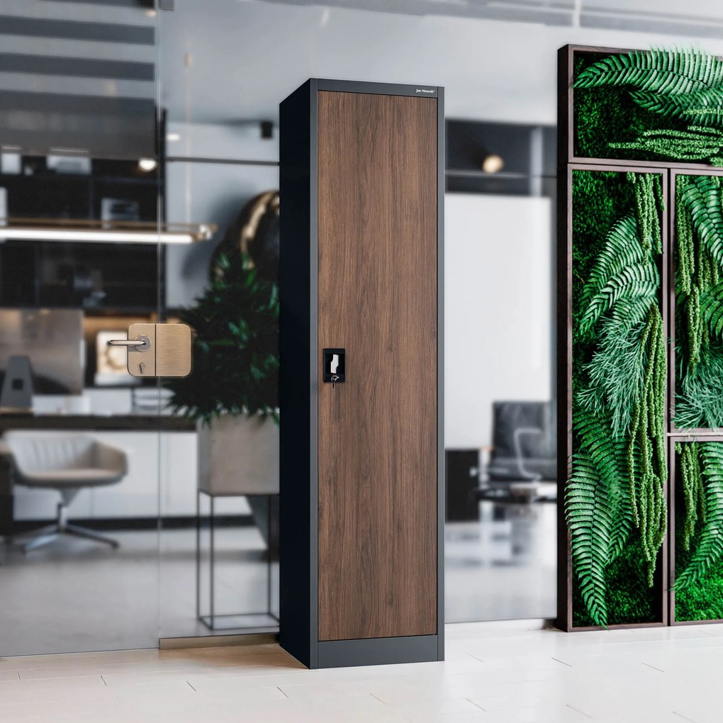 Kovová kancelářská skříň na spisy a dokumenty, antracit/ořech, 450x1850x400 mm: ALEX Eco Design