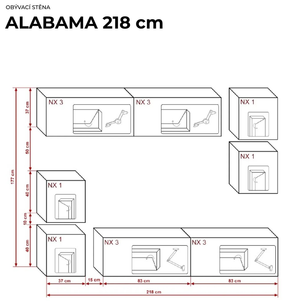 Ral Obývací stěna ALABAMA 218 cm - Černý lesk