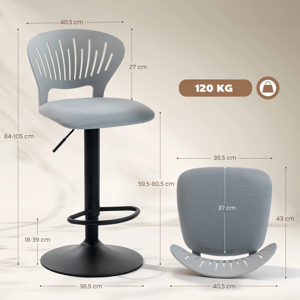 HOMCOM sada 2 barových stoliček 360° — výškově nastavitelné 84,1–104,9 cm, větrané opěradlo, opěrka nohou, šedé