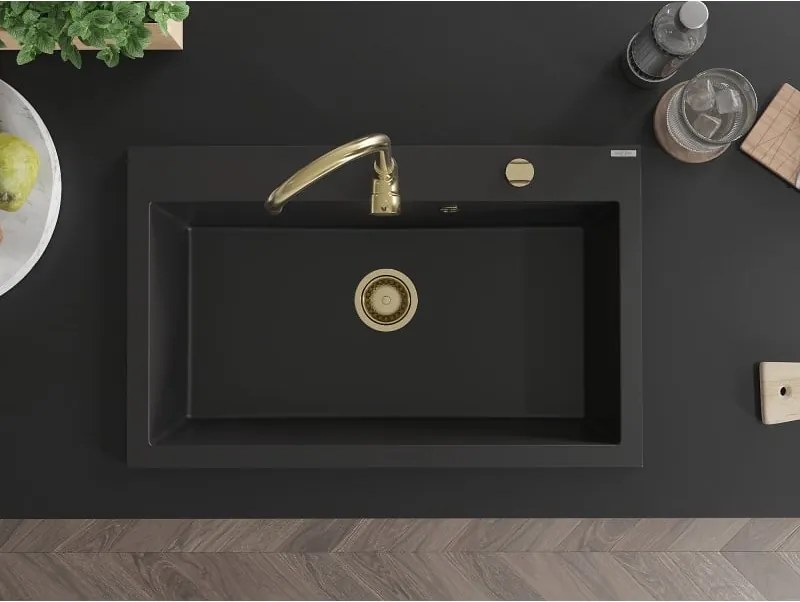 Mexen Elix granitový dřez 1-komorový 800 x 500 mm, černý, zlatý sifon - 6527801005-77-G