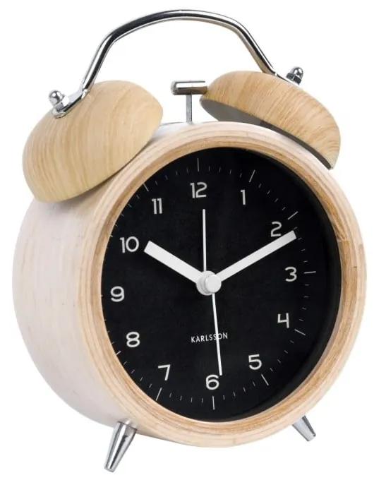 Černý budík v dřevěném dekoru Karlsson Classic Bell, ⌀ 10 cm