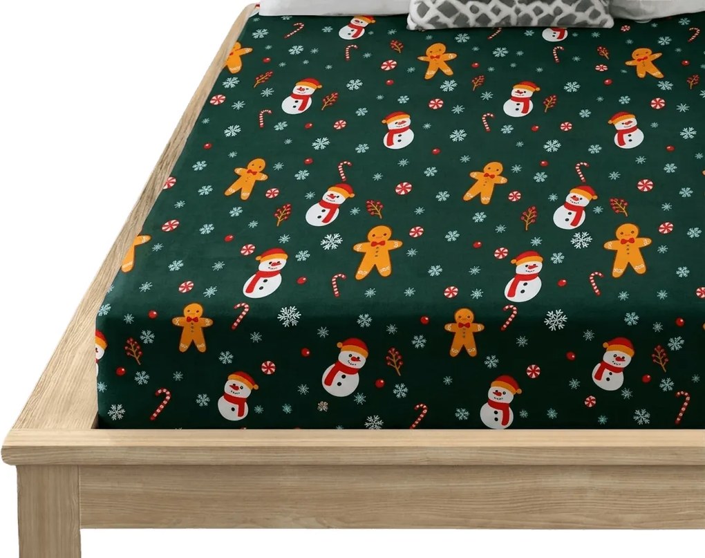 Prostěradlo z mikrovlákna SNĚHULÁK A PERNÍČEK zelené 90x200 cm