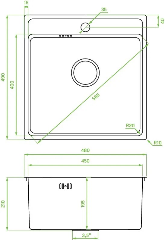 Laveo Besos, 1-komorový nerezový dřez 480x490x210 mm, lněná povrchová struktura, broušená ocel, LAV-SLB_310T