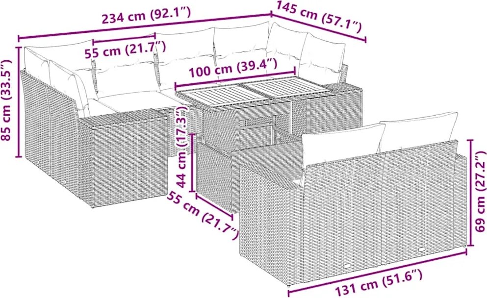 11dílný zahradní sedací souprava s poduškami béžový polyratan 3274591