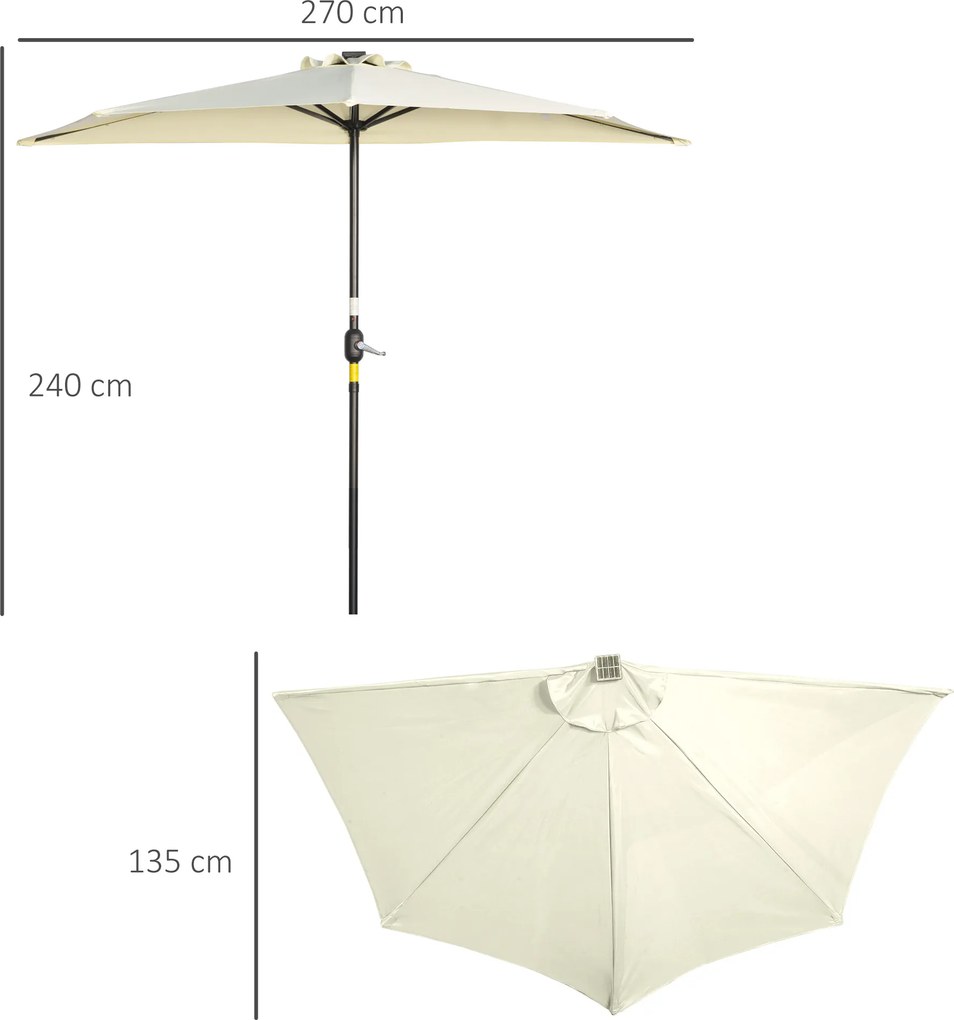 Slunečník Outsunny 265x240 cm, půlkruhový slunečník s LED diodami, půlkruhový slunečník na terasu s ruční klikou a solárním panelem, kov, béžová | Ao…