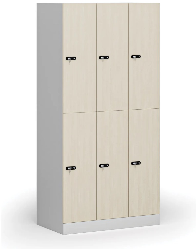 Šatní skříňka S1 s úložnými boxy, 6 boxů, 1850 x 900 x 500 mm, demont, mechanický kódový zámek, laminované dveře, bříza