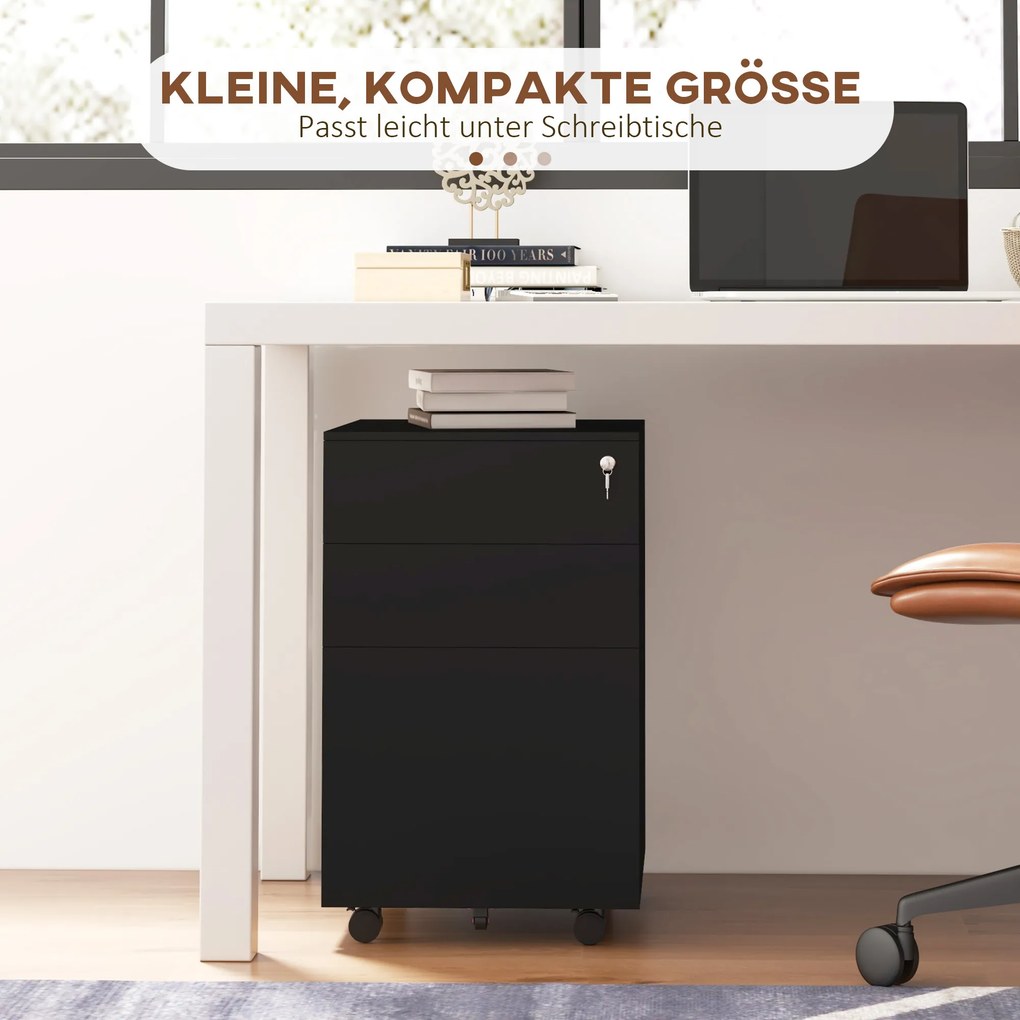 Vinsetto skříň na dokumenty uzamykatelná se zásuvkami 37L x 43,5W x 60H cm pojízdná s brzdami 3stupňová nastavitelná ocelová tyč černá