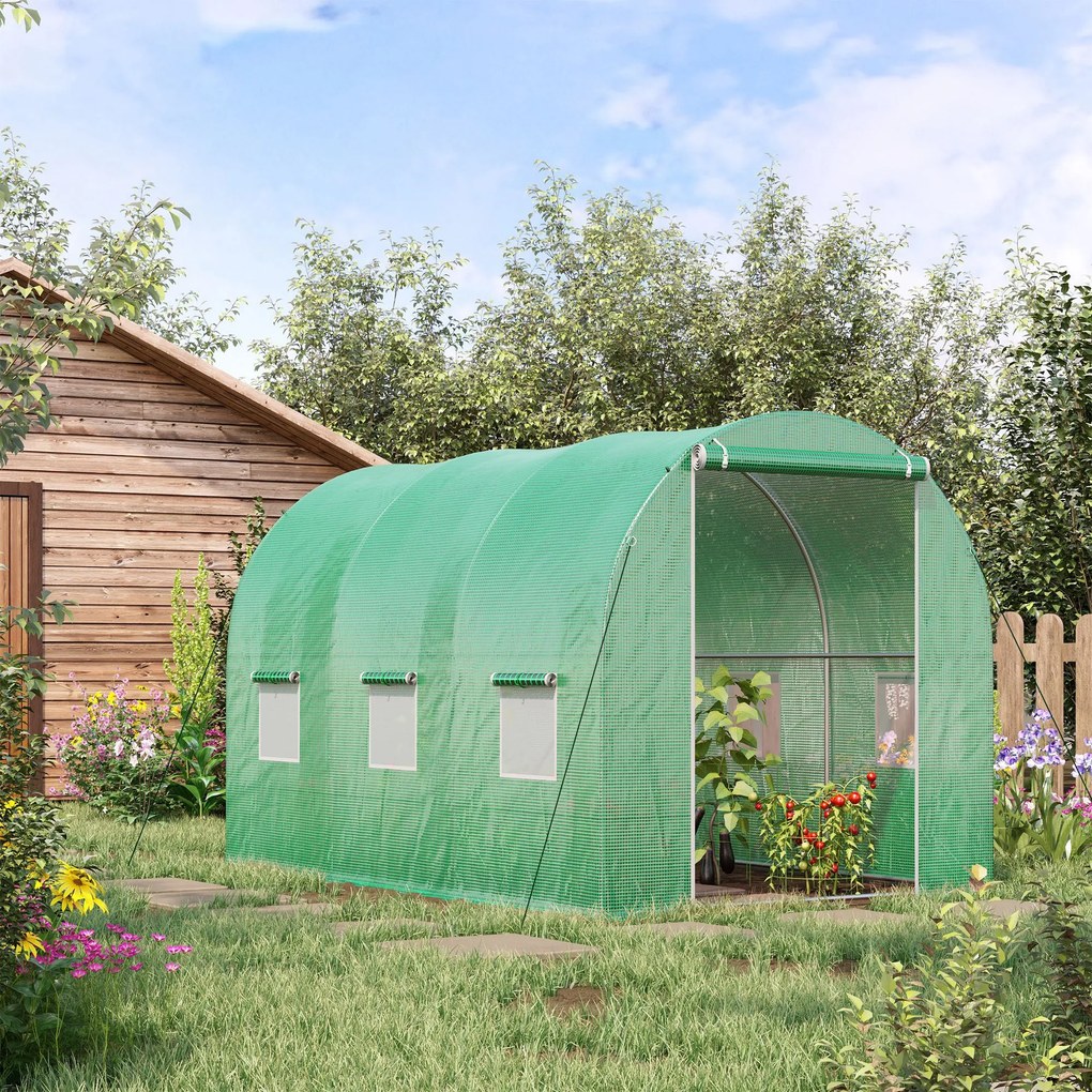 Zahradní tunelová skleník Outsunny s plochou 6m², 3D x 2Š x 2V m, zpevněný tubulární rám, zipová vrata a 6 oken s možností rolování