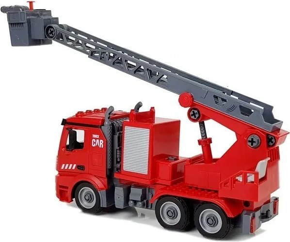 LEAN Toys Stavebnicová sada „Hasičské auto 2 v 1“ – vyměnitelné zdviže, šroubovák, zvuky, světelné efekty, přilba
