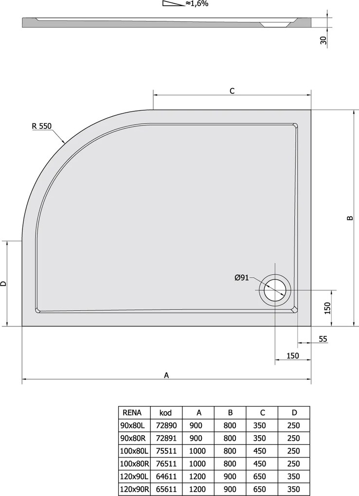 Sapho Polysan RENA L 90 x 80 cm sprchová vanička 72890 litý mramor levá