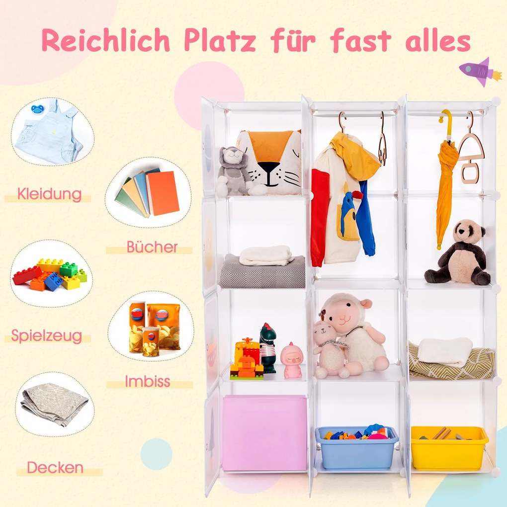 Costway Dětská šatní skříň s 2 závěsnými sekcemi a 12 kostky Roztomilá kreslená