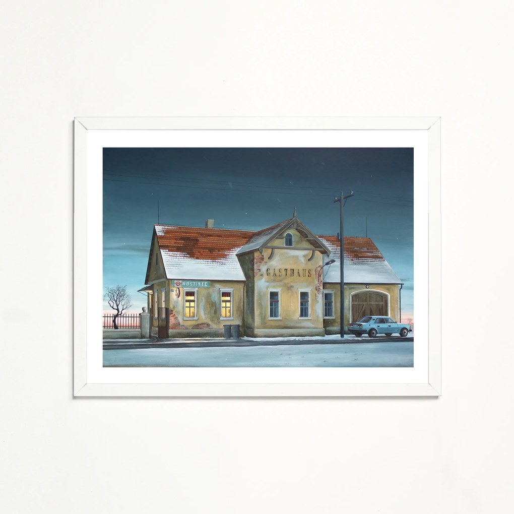Štěpán Jirák | Hospoda v zimě Rám: Bílý, Velikost: 40 x 60 cm