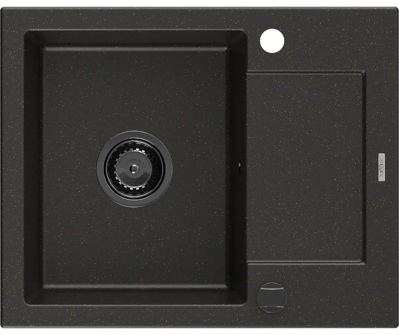 Mexen Enzo, granitový dřez 576x465x174 mm, 1-komorový, černá-zlatá metalíza s černým sifonem, 6506571005-75-B
