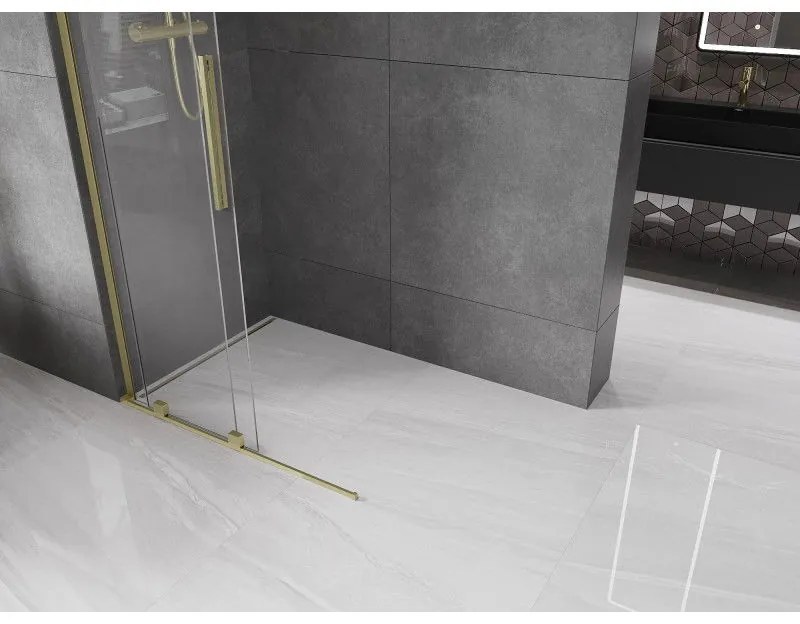 Mexen Velar L, posuvná sprchová zástěna Walk-in 100 x 200 cm, 8mm čiré sklo, zlatá matná, 871-100-003-03-55