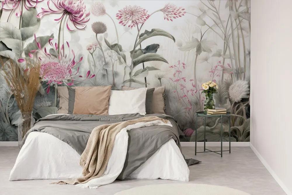 Samolepící tapeta květiny zahalené přírodou s růžovým kontrastem