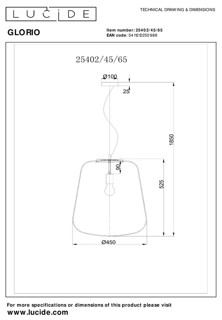 Lucide 25402/45/65 závěsné svítidlo Glorio kouřově šedé, E27, ø45cm