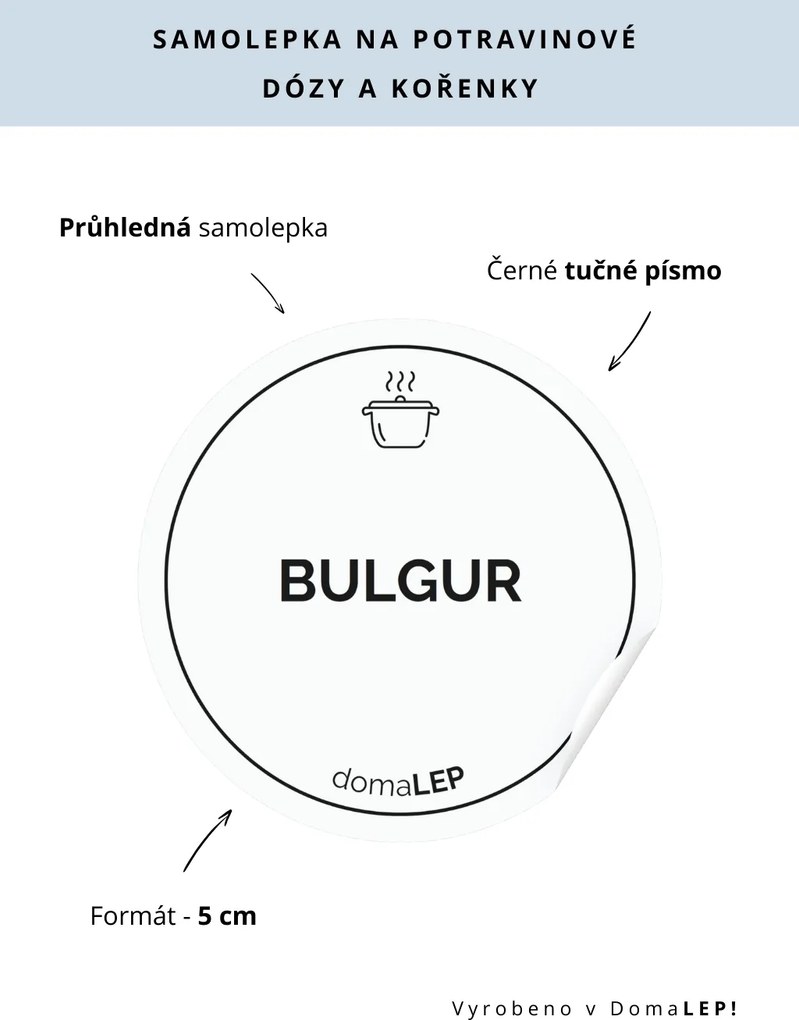 BULGUR – průhledná samolepka na dózu, tučné písmo, 5 cm | DomaLEP