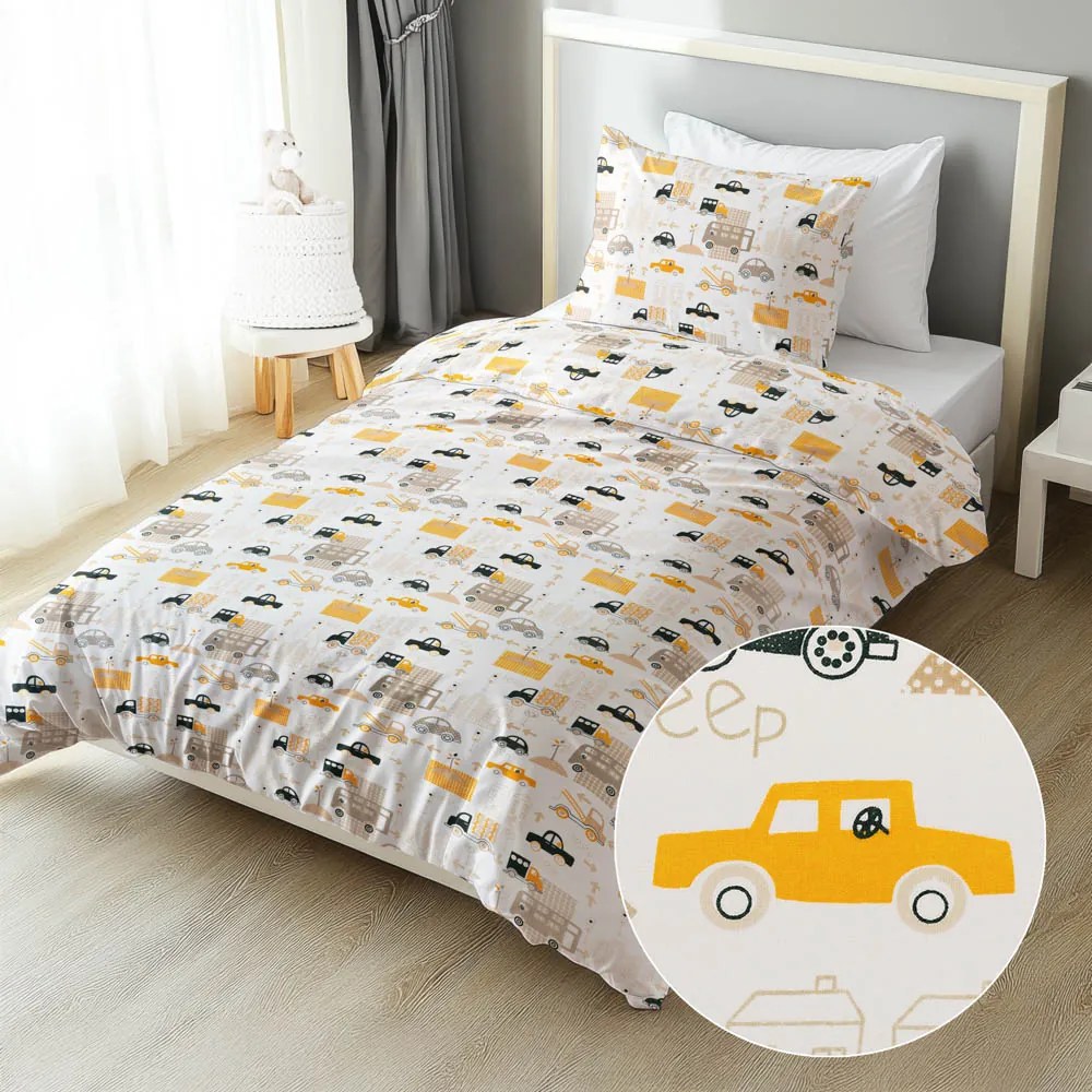 Biante Dětské bavlněné ložní povlečení Sandra SA-672 Žlutá a šedohnědá auta ve městě na bílém Jednolůžko 140x200 a 70x90 cm