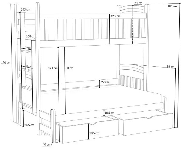 Dětská patrová postel z masivu borovice s rozšířeným spodním lůžkem LUKÁŠ se šuplíky - 200x90/140 cm - BÍLÁ