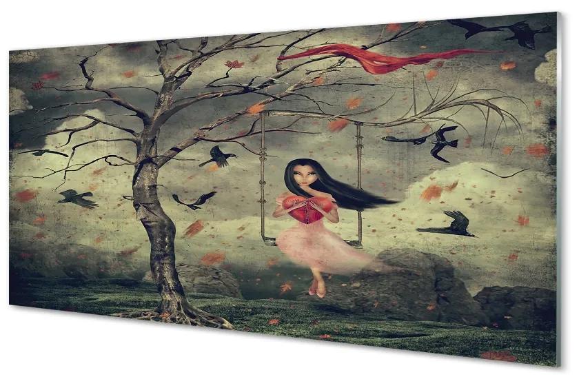 Obraz na skle Strom ptáci mraky dívka rocková 100x50 cm