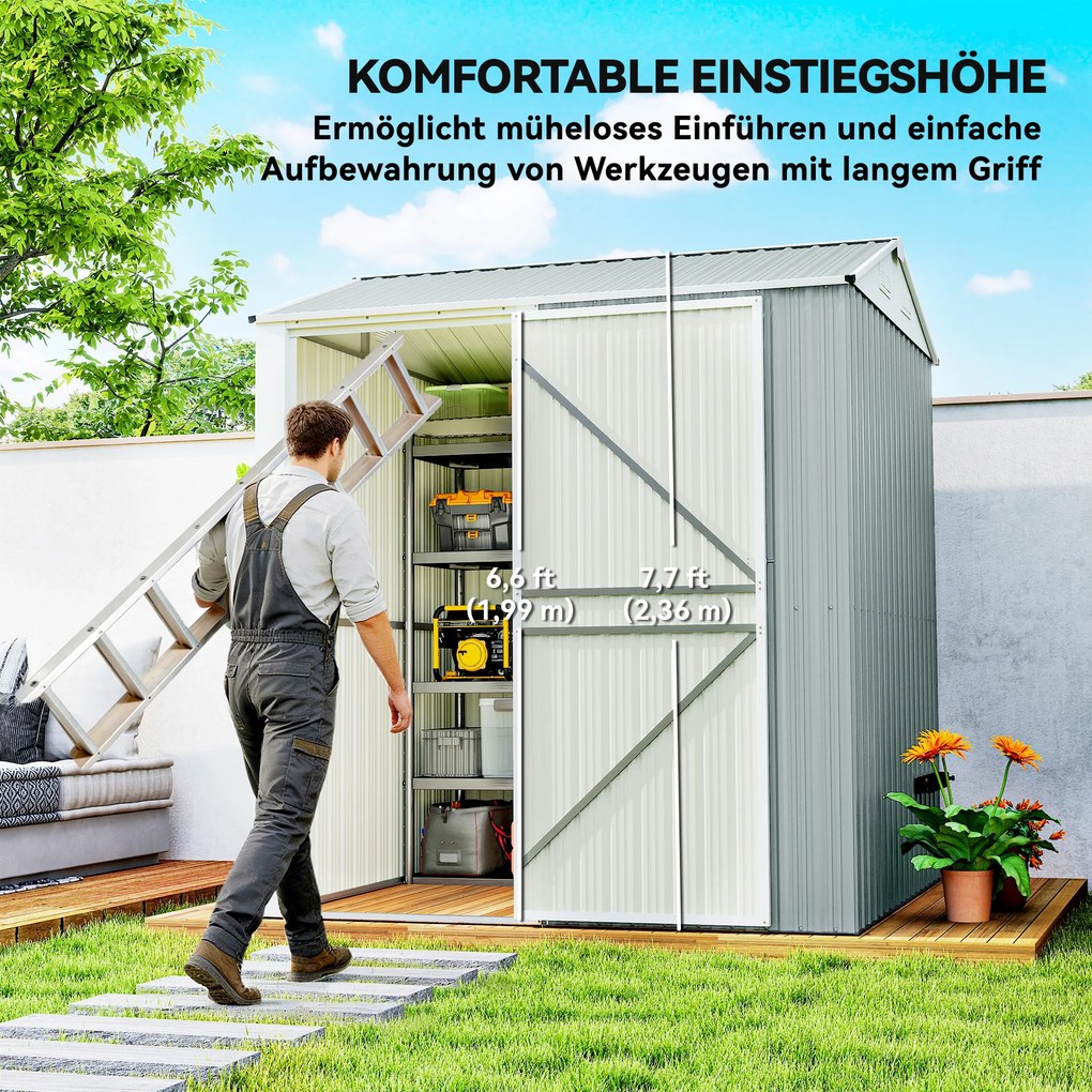 Outsunny kovový zahradní domek na nářadí 3,5 m² – vysoký uzamykatelný zahradní domek se štítnou střechou, větráním a rukavicemi v balení, 209 x 177 x…