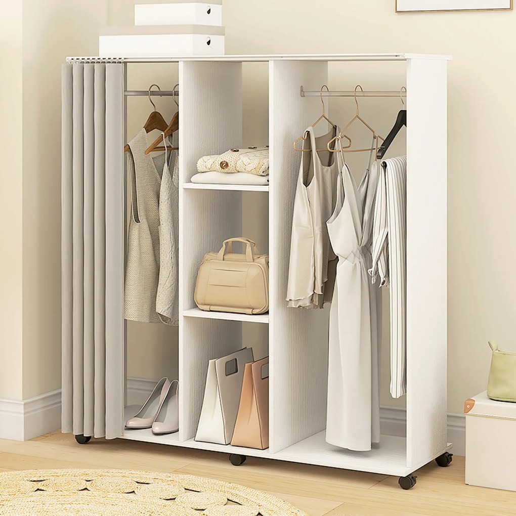 HOMCOM Šatní skříň, šatník, mobilní úložný nábytek 6 koleček 120L x 40l x 128H cm, bílý