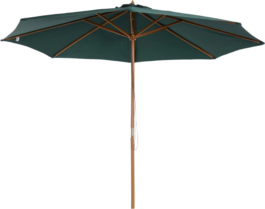Parasol Outsunny Ø300x250 cm se dřevěným kmenem a navíjecím systémem s 8 žebry pro zahradu, terasu, patio Zelený | Aosom