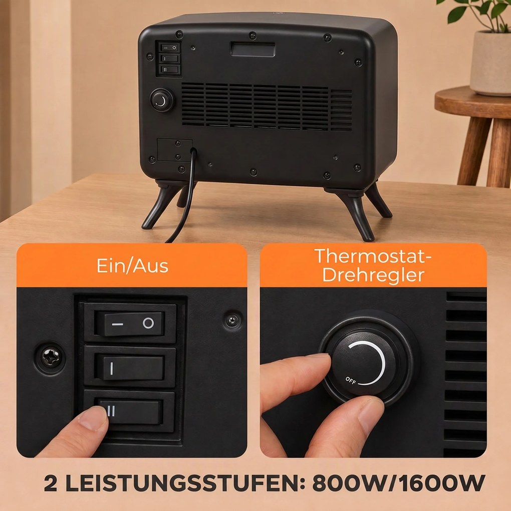 HOMCOM Elektrický krb 800/1600W elektrický krb s topením, odnímatelný podstavec, nastavitelný termostat, 3D efekt plamene