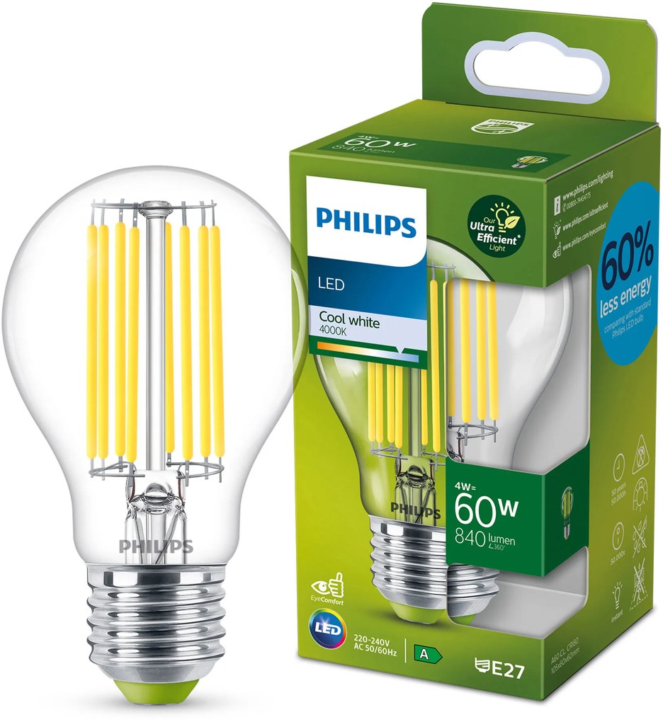 Philips 8719514343801 led filamentová žárovka 1x4w/60w | e27 | 840lm | 4000k - čirá, ultra efficient