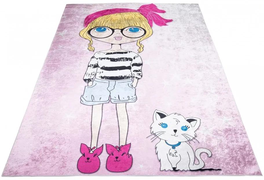 Dětský koberec do dívčího pokoje se slečnou a kočičkou Šířka: 80 cm | Délka: 150 cm