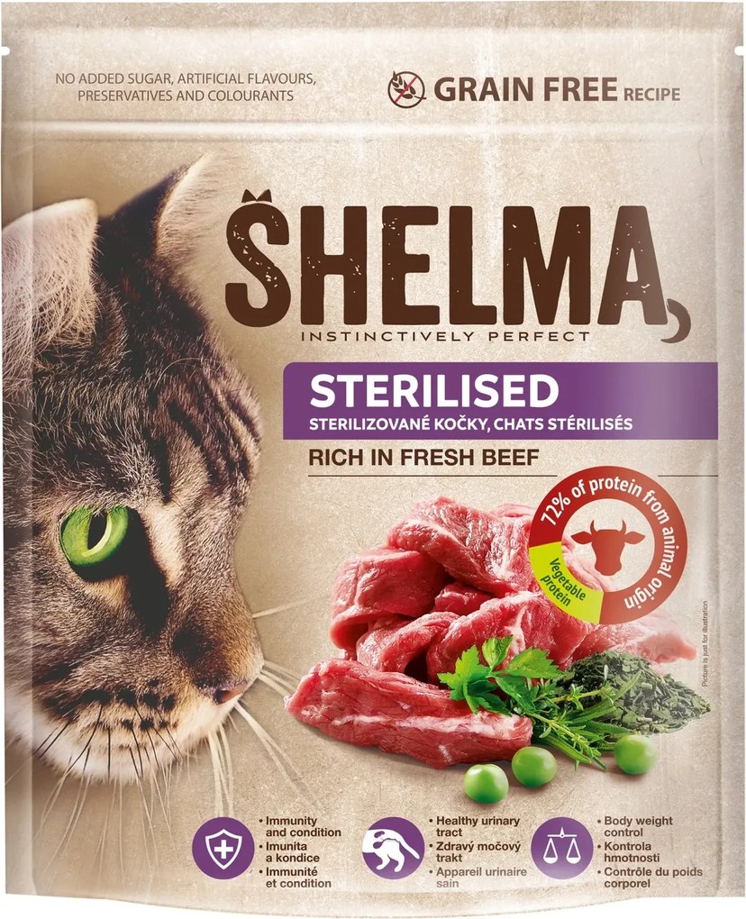 Shelma Bezobilné granule pro kočky STERILISED s čerstvým hovězím 750 g