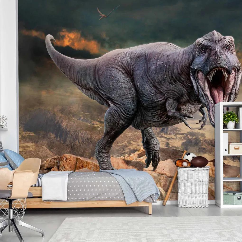 Fototapeta Nebezpečný tyranosaurus - krajina s dýmem a dinosaurem pro děti