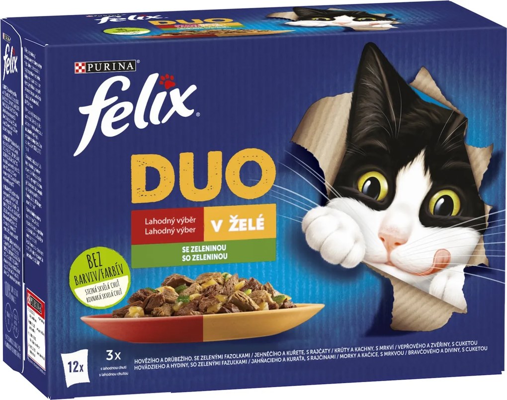 Purina Kapsičky pro kočky Felix DUO hovězí, drůbeží, játra, jehněčí 12 x 85 g