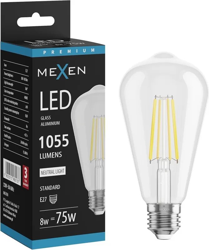 Mexen Vintis, LED filamentová žárovka E27, ST64, 8 W, neutrální bílá 4000K, čirá, L152-E27-0840-00