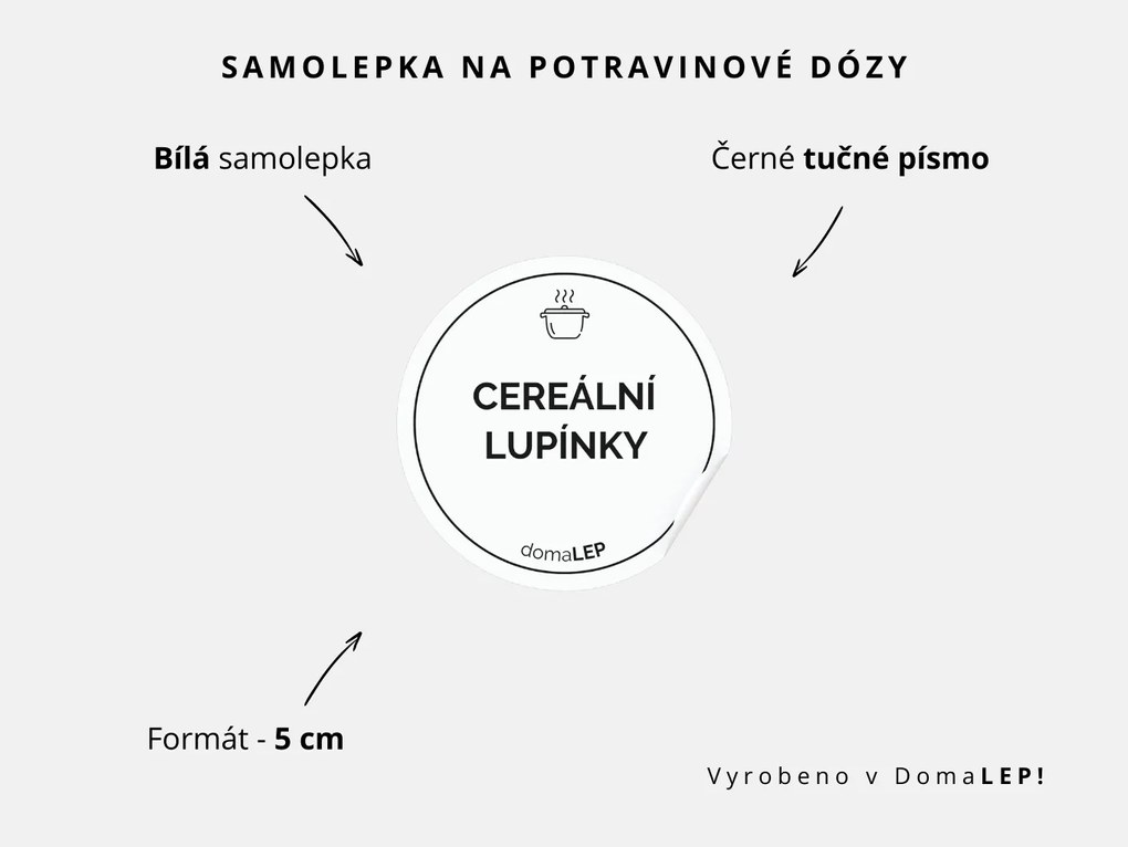 CEREÁLNÍ LUPÍNKY - omyvatelná samolepka na dózu, výběr rozměrů Ø 5 cm / 5 x 5 cm / 6 x 8 cm | DomaLEP tvar: OBDÉLNÍK, barva: BÍLÁ - ČERNÉ písmo, velikost: š. 6 cm x v. 8 cm - tučné písmo
