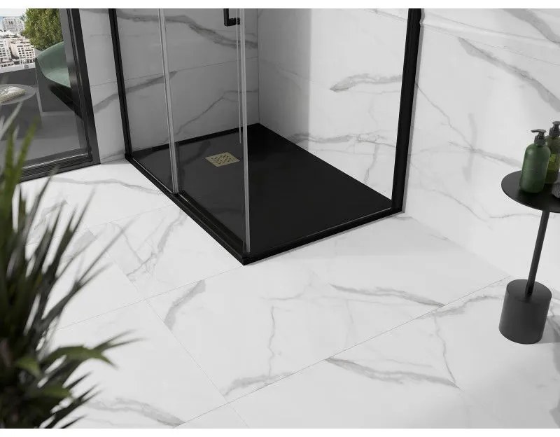 Mexen Stone+, obdélníková vanička z minerálního kompozitu 140 x 100 cm, černá, zlatá lesklá krytka, 44701014-G