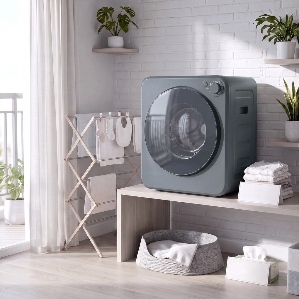 HOMCOM Mini sušička prádla 4 kg s 5 programy až do 60℃ 800W/400W odvětrávací sušička s nerezovým bubnem šedá
