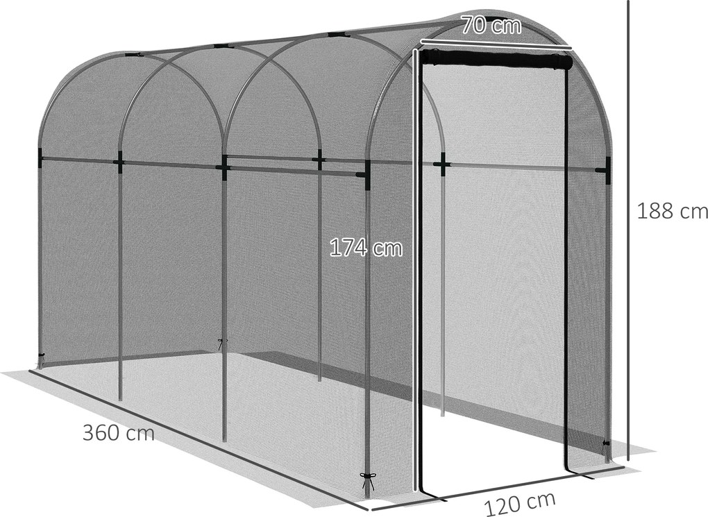 Outsunny síť proti hmyzu 1,2 x 3,6 m, zahradní síť s dvířky, stan na ochranu rostlin, síť proti škůdcům s ocelovým rámem, HDPE černá |