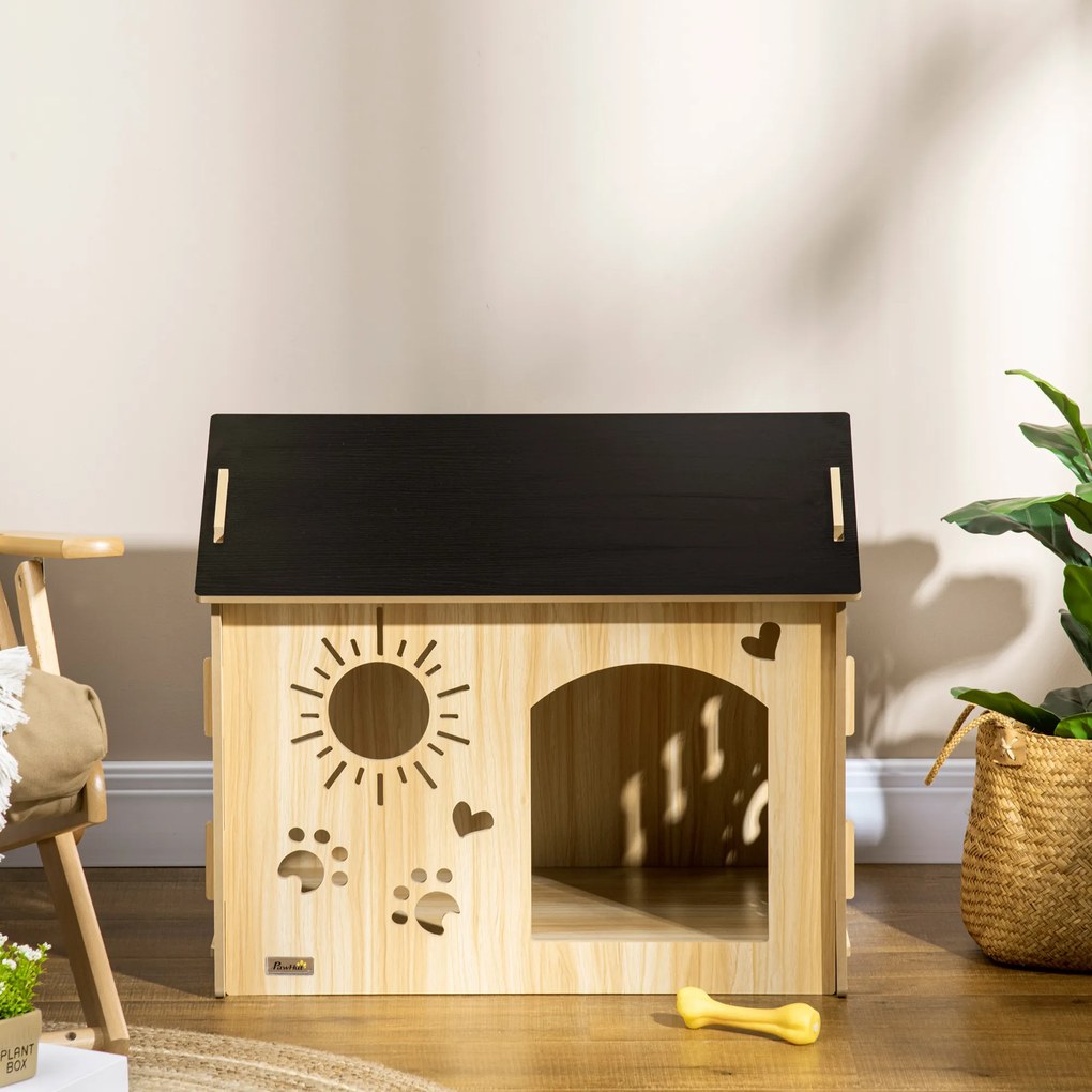 PawHut dřevěná bouda pro psy malý domek pro zvířata s větracími otvory 69 x 50 x 58,5 cm, psí bouda se střechou, vnitřní MDF dub černý