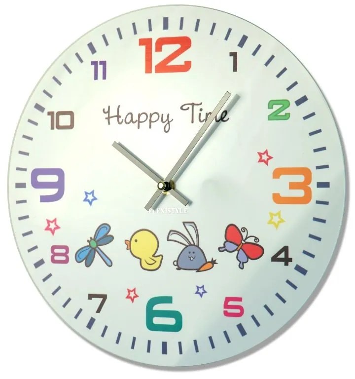 Dětské nástěnné hodiny v bílé barvě se zvířátky a barevným ciferníkem