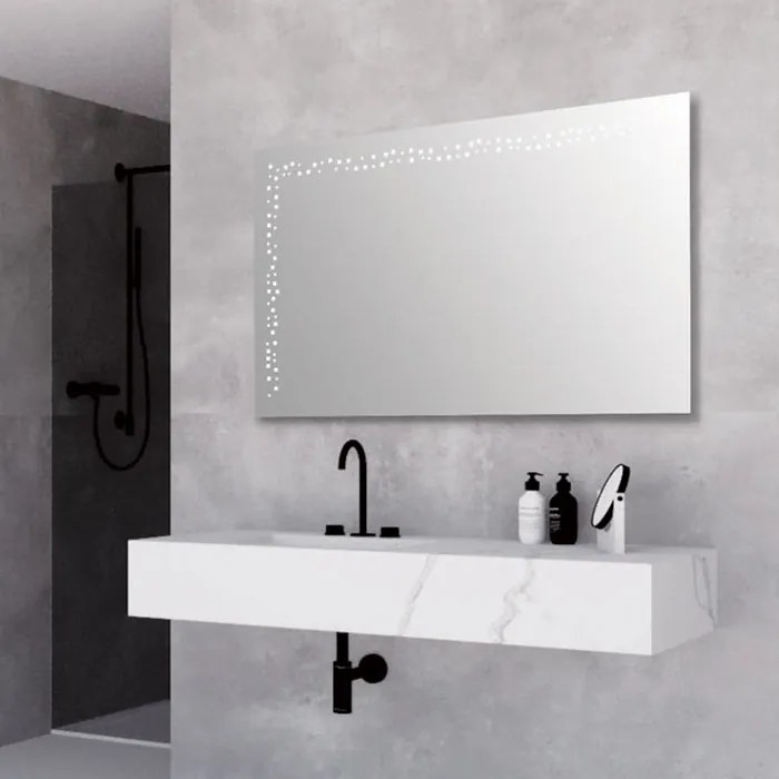Comodo Zrcadlo závěsné s pískovaným motivem a LED osvětlením Nikoletta LED 7 Typ: dotykový vypínač a digitální display s hodinami, Rozměry (cm): 100x65 - (Nikoletta LED 7/100 TS-MW)