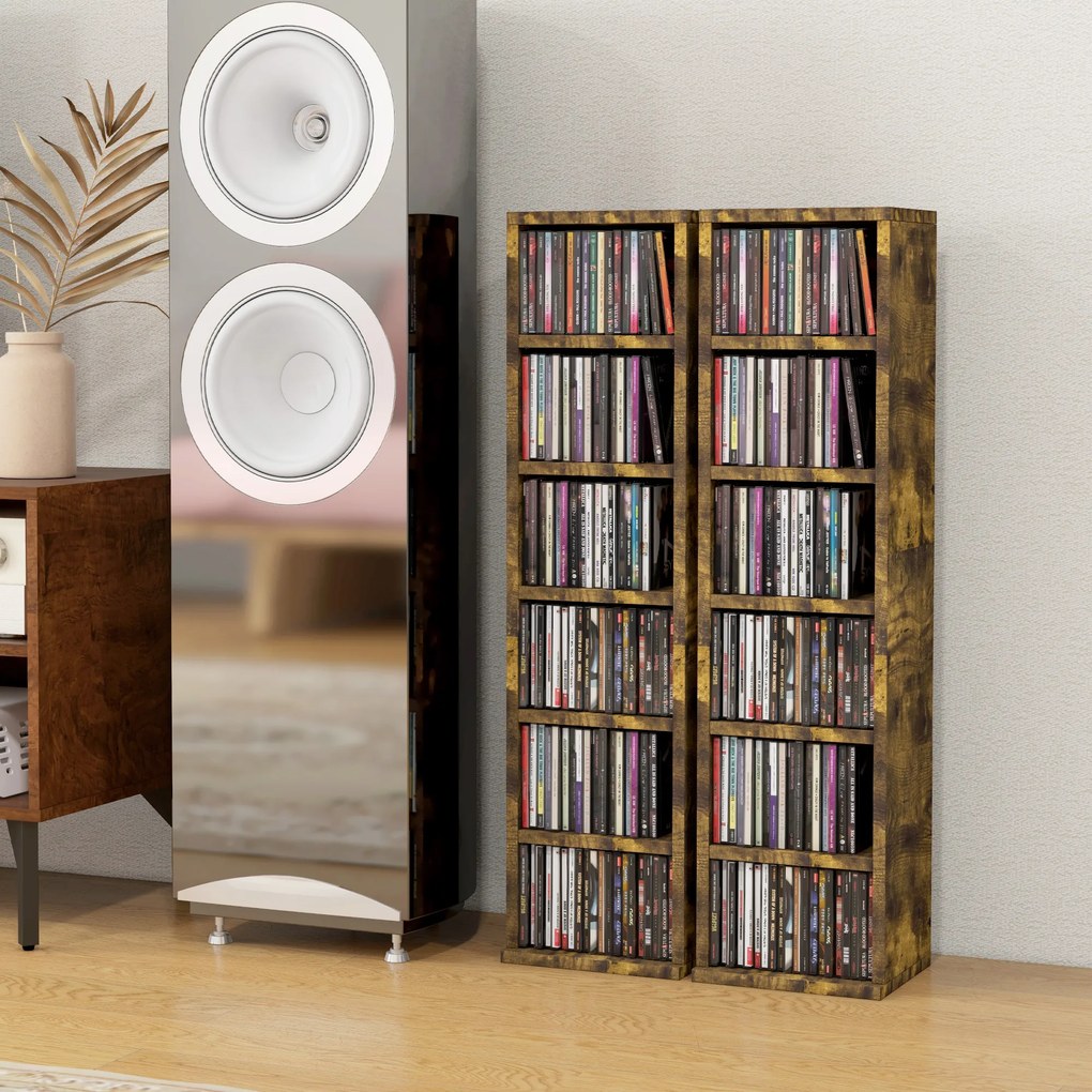 HOMCOM Sada 2 sloupkových polic CD-DVD skříň se 6 + 6 přihrádkami 21 x 22,5 x 88,5 cm maximální kapacita 204 CD rustikální hnědá