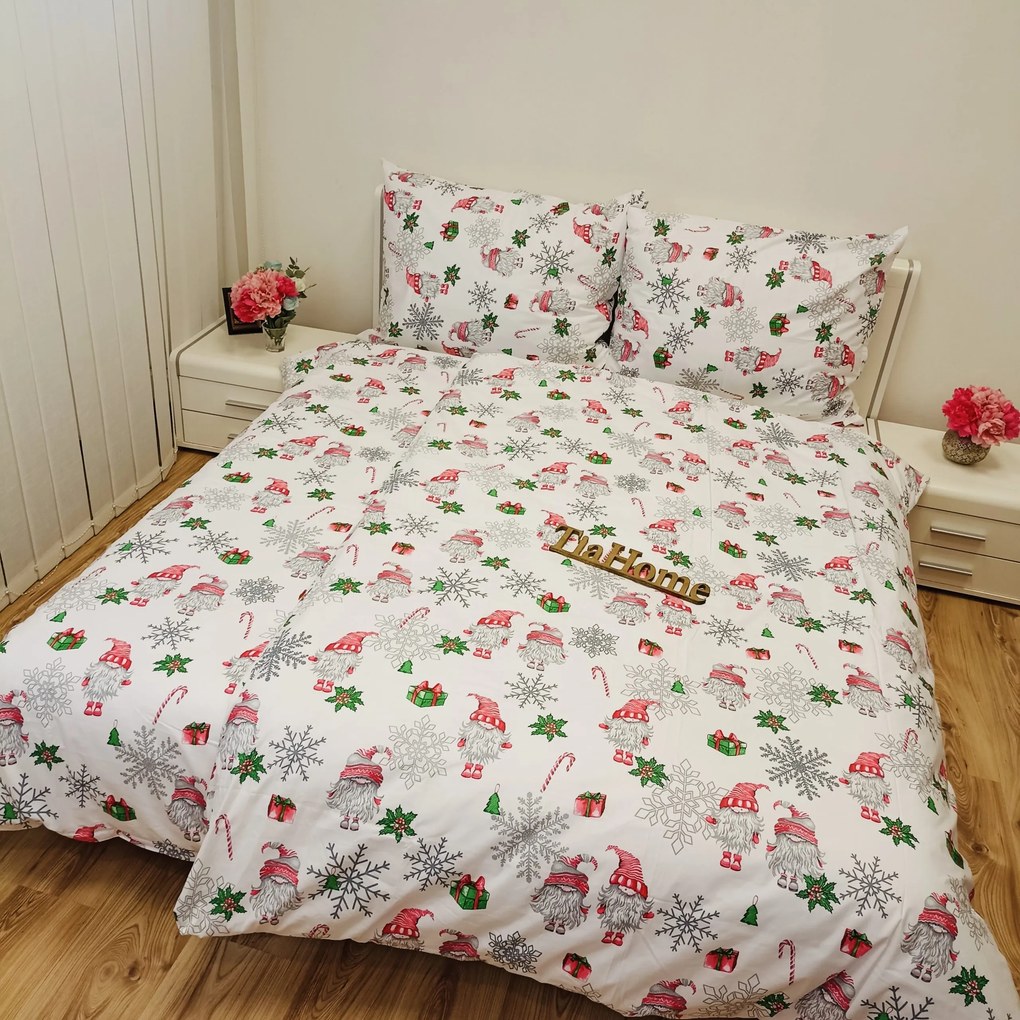Povlečení bavlněné Vánoční povlečení skřítek bíly TiaHome - 1x Polštář 90x70cm, 1x Přikrývka 140x200cm