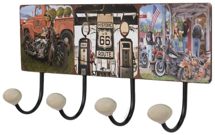 Nástěnný kovový věšák se 4-mi háčky Route 66 – 40x7x18 cm