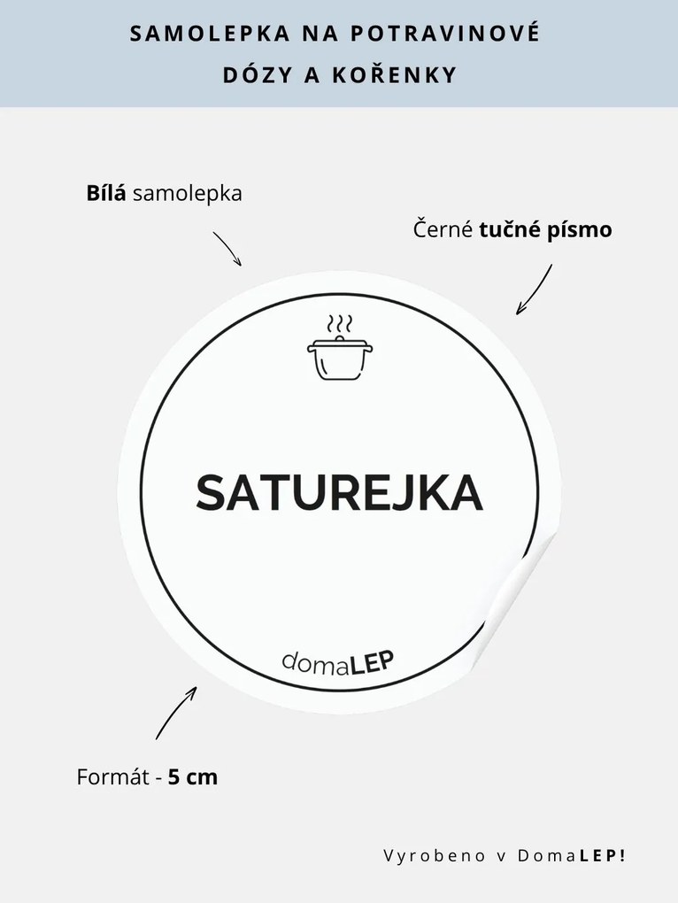 Samolepka na kořenky SATUREJKA bílá 5 cm tučné písmo