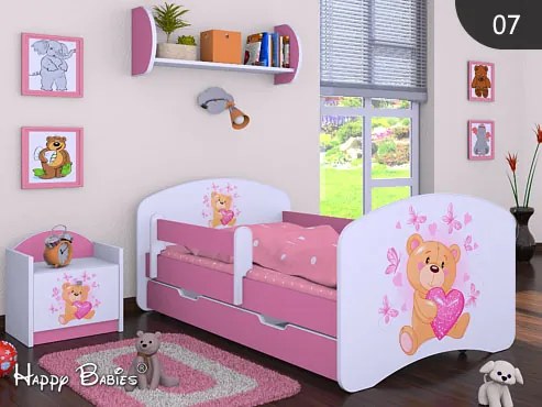 Dětská postel s obrázkem medvídek se srdcem s motýli 140 x 70 cm - bílá
