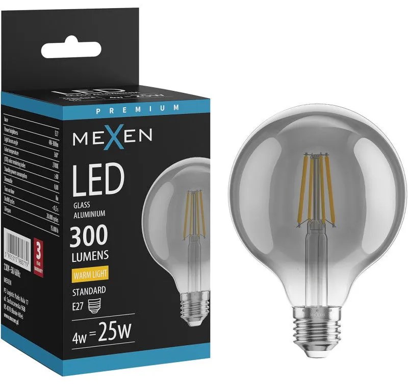 Mexen Vintis LED filamentová žárovka E27, G95, 4W, Teplá - 2700K, 300 lm, kouřová - L157-E27-0427-70